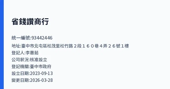 省錢讚商行的照片-統編 93442446(臺中市) 公司登記資料與營業項目詳細圖表