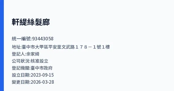 軒緹絲髮廊的照片-統編 93443058(臺中市) 公司登記資料與營業項目詳細圖表