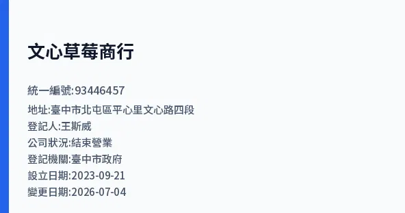 文心草莓商行的照片-統編 93446457(臺中市) 公司登記資料與營業項目詳細圖表