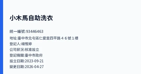 小木馬自助洗衣的照片-統編 93446463(臺中市) 公司登記資料與營業項目詳細圖表