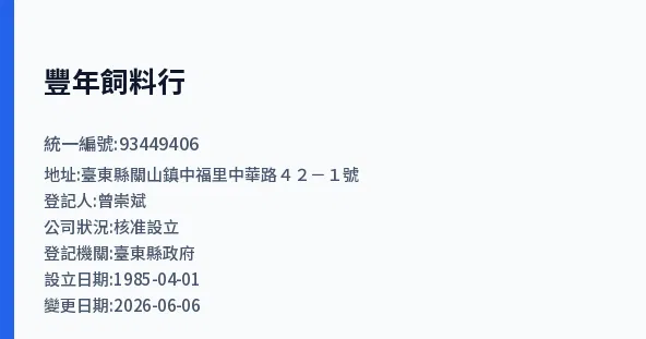 豐年飼料行的照片-統編 93449406(臺東縣) 公司登記資料與營業項目詳細圖表