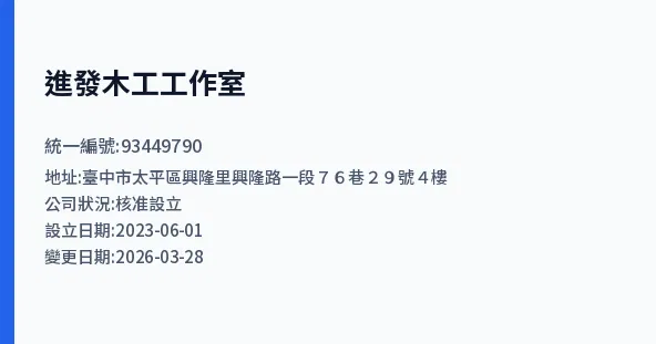 進發木工工作室的照片-統編 93449790(臺中市) 公司登記資料與營業項目詳細圖表