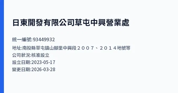 日東開發有限公司草屯中興營業處的照片-統編 93449932(南投縣) 公司登記資料與營業項目詳細圖表