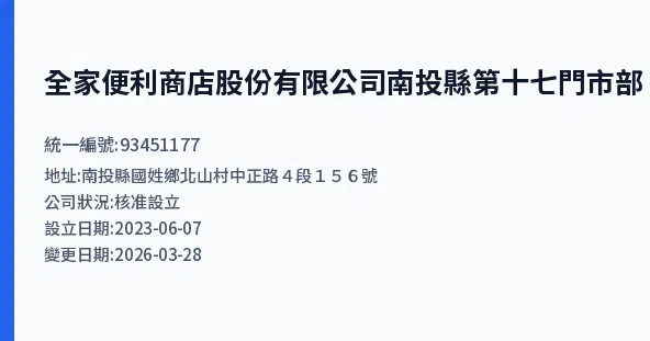 全家便利商店股份有限公司南投縣第十七門市部的照片-統編 93451177(南投縣) 公司登記資料與營業項目詳細圖表