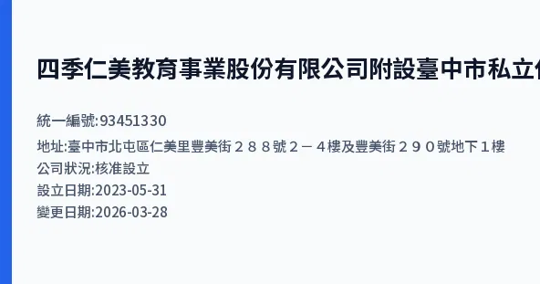 四季仁美教育事業股份有限公司附設臺中市私立仁美四季美語文理技藝短期補習班的照片-統編 93451330(臺中市) 公司登記資料與營業項目詳細圖表