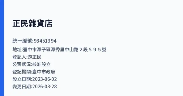 正民雜貨店的照片-統編 93451394(臺中市) 公司登記資料與營業項目詳細圖表