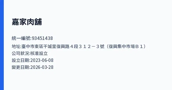 嘉家肉舖的照片-統編 93451438(臺中市) 公司登記資料與營業項目詳細圖表