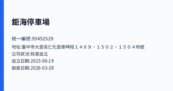 鉅海停車場的照片-統編 93452529(臺中市) 公司登記資料與營業項目詳細圖表