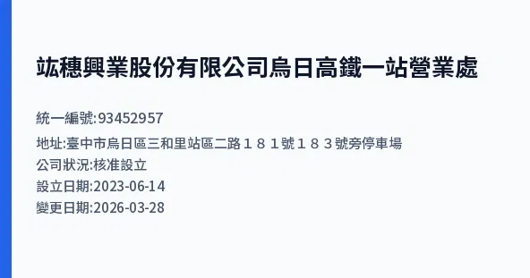 竑穗興業股份有限公司烏日高鐵一站營業處的照片-統編 93452957(臺中市) 公司登記資料與營業項目詳細圖表