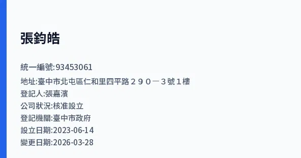 張鈞皓的照片-統編 93453061(臺中市) 公司登記資料與營業項目詳細圖表