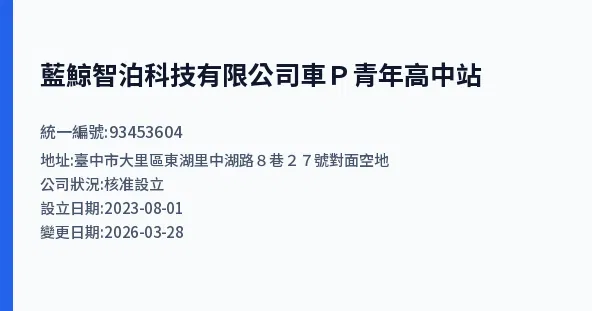 藍鯨智泊科技有限公司車P青年高中站的照片-統編 93453604(臺中市) 公司登記資料與營業項目詳細圖表