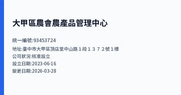 大甲區農會農產品管理中心的照片-統編 93453724(臺中市) 公司登記資料與營業項目詳細圖表
