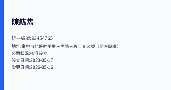 陳紘雋的照片-統編 93454765(臺中市) 公司登記資料與營業項目詳細圖表