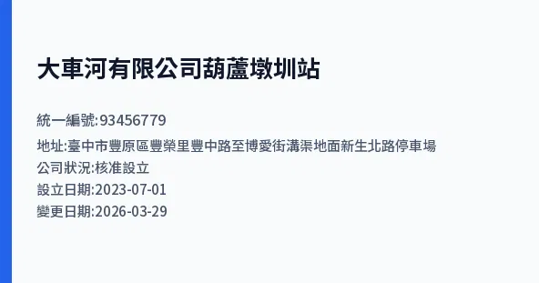 大車河有限公司葫蘆墩圳站的照片-統編 93456779(臺中市) 公司登記資料與營業項目詳細圖表