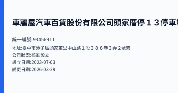 車麗屋汽車百貨股份有限公司頭家厝停13停車場的照片-統編 93456911(臺中市) 公司登記資料與營業項目詳細圖表