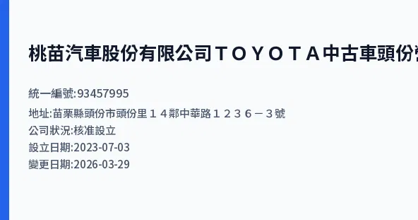 桃苗汽車股份有限公司TOYOTA中古車頭份營業所的照片-統編 93457995(苗栗縣) 公司登記資料與營業項目詳細圖表
