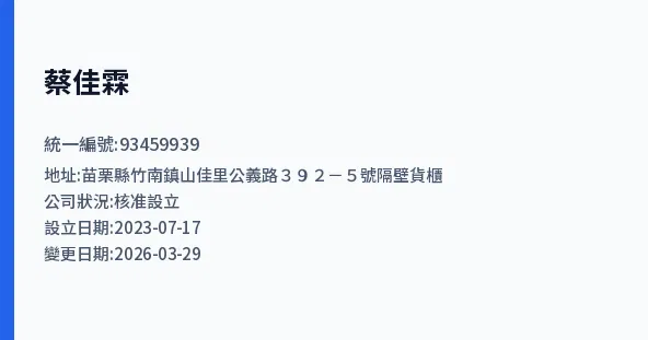 蔡佳霖的照片-統編 93459939(苗栗縣) 公司登記資料與營業項目詳細圖表