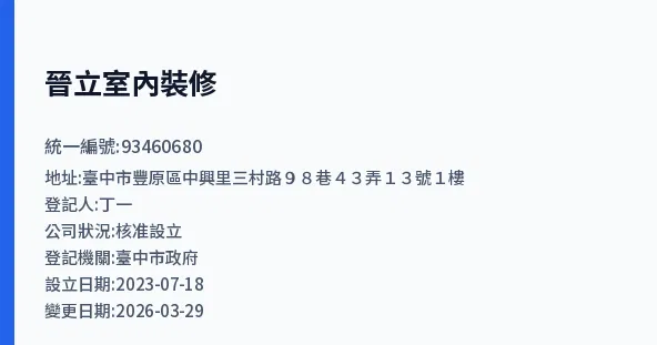 晉立室內裝修的照片-統編 93460680(臺中市) 公司登記資料與營業項目詳細圖表
