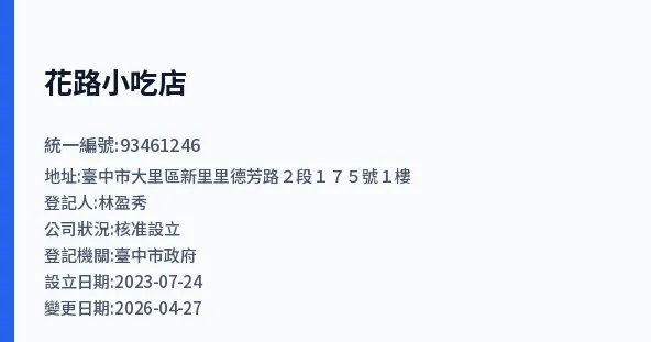 花路小吃店的照片-統編 93461246(臺中市) 公司登記資料與營業項目詳細圖表