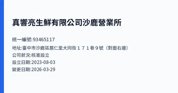 真響亮生鮮有限公司沙鹿營業所的照片-統編 93465117(臺中市) 公司登記資料與營業項目詳細圖表