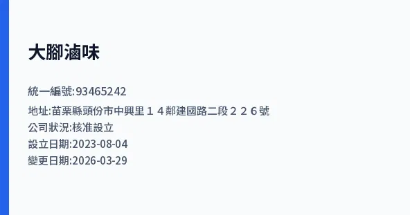 大腳滷味的照片-統編 93465242(苗栗縣) 公司登記資料與營業項目詳細圖表