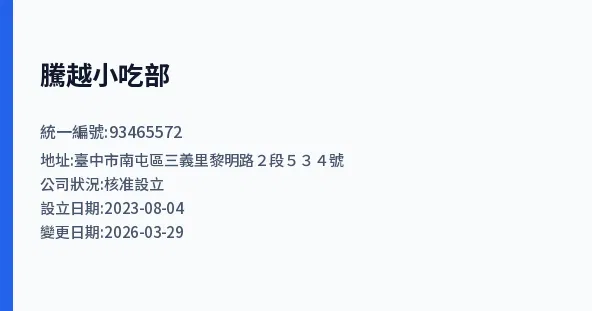 騰越小吃部的照片-統編 93465572(臺中市) 公司登記資料與營業項目詳細圖表