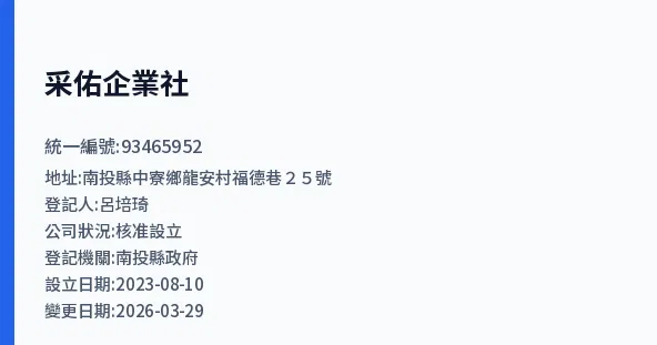 采佑企業社的照片-統編 93465952(南投縣) 公司登記資料與營業項目詳細圖表