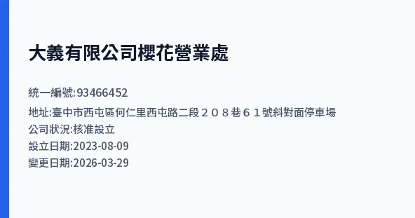 大義有限公司櫻花營業處的照片-統編 93466452(臺中市) 公司登記資料與營業項目詳細圖表