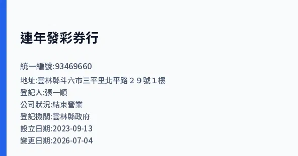 連年發彩券行的照片-統編 93469660(雲林縣) 公司登記資料與營業項目詳細圖表