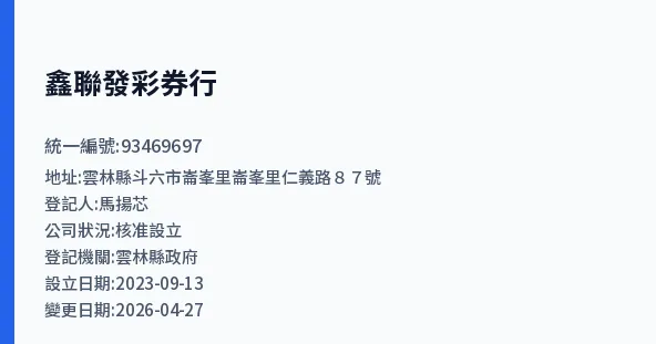 鑫聯發彩券行的照片-統編 93469697(雲林縣) 公司登記資料與營業項目詳細圖表