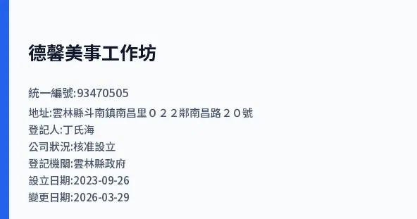 德馨美事工作坊的照片-統編 93470505(雲林縣) 公司登記資料與營業項目詳細圖表