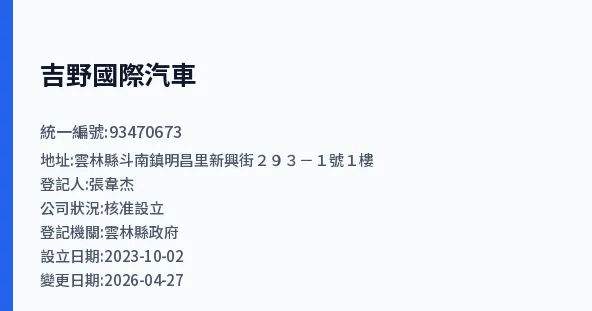 吉野國際汽車的照片-統編 93470673(雲林縣) 公司登記資料與營業項目詳細圖表