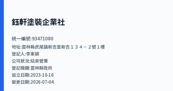 鈺軒塗裝企業社的照片-統編 93471080(雲林縣) 公司登記資料與營業項目詳細圖表