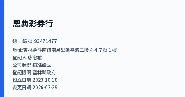 恩典彩券行的照片-統編 93471477(雲林縣) 公司登記資料與營業項目詳細圖表