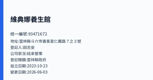 維典娜養生館的照片-統編 93471672(雲林縣) 公司登記資料與營業項目詳細圖表