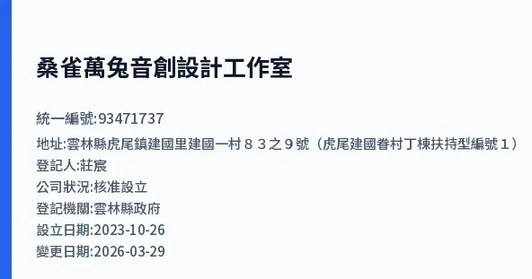 桑雀萬兔音創設計工作室的照片-統編 93471737(雲林縣) 公司登記資料與營業項目詳細圖表