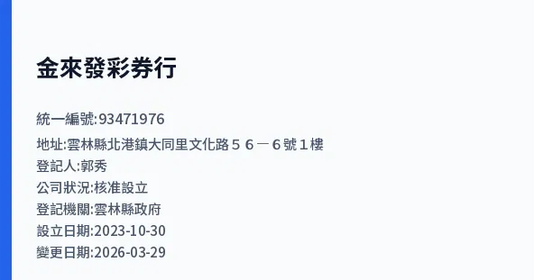 金來發彩券行的照片-統編 93471976(雲林縣) 公司登記資料與營業項目詳細圖表