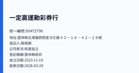 一定贏運動彩券行的照片-統編 93472790(雲林縣) 公司登記資料與營業項目詳細圖表