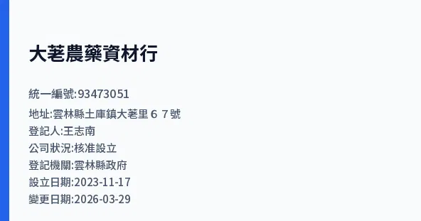 大荖農藥資材行的照片-統編 93473051(雲林縣) 公司登記資料與營業項目詳細圖表