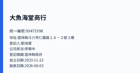 大魚海堂商行的照片-統編 93473398(雲林縣) 公司登記資料與營業項目詳細圖表
