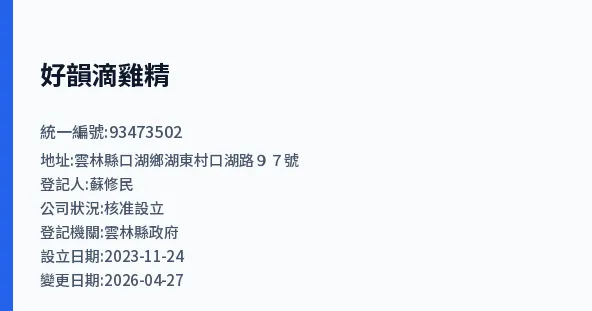 好韻滴雞精的照片-統編 93473502(雲林縣) 公司登記資料與營業項目詳細圖表