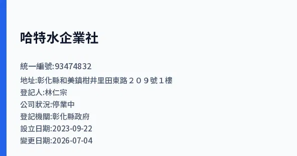 哈特水企業社的照片-統編 93474832(彰化縣) 公司登記資料與營業項目詳細圖表