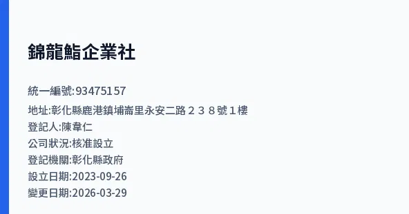 錦龍鮨企業社的照片-統編 93475157(彰化縣) 公司登記資料與營業項目詳細圖表