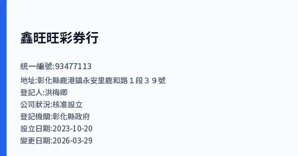 鑫旺旺彩券行的照片-統編 93477113(彰化縣) 公司登記資料與營業項目詳細圖表