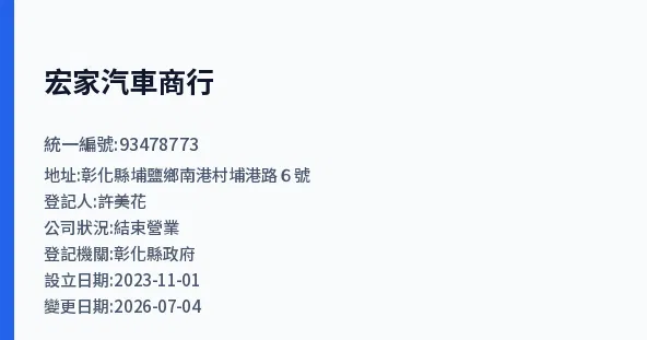 宏家汽車商行的照片-統編 93478773(彰化縣) 公司登記資料與營業項目詳細圖表