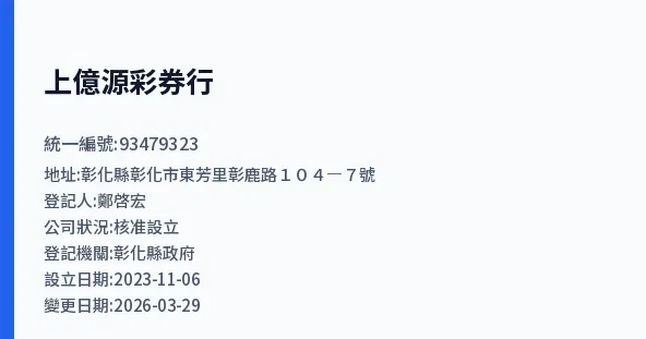 上億源彩券行的照片-統編 93479323(彰化縣) 公司登記資料與營業項目詳細圖表