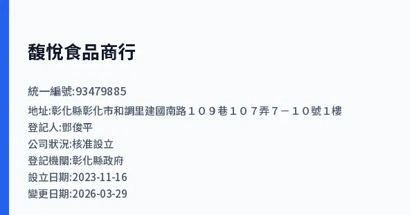 馥悅食品商行的照片-統編 93479885(彰化縣) 公司登記資料與營業項目詳細圖表