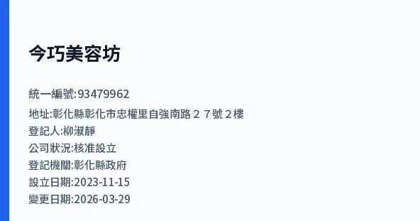 今巧美容坊的照片-統編 93479962(彰化縣) 公司登記資料與營業項目詳細圖表