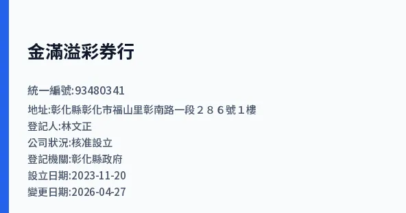 金滿溢彩券行的照片-統編 93480341(彰化縣) 公司登記資料與營業項目詳細圖表