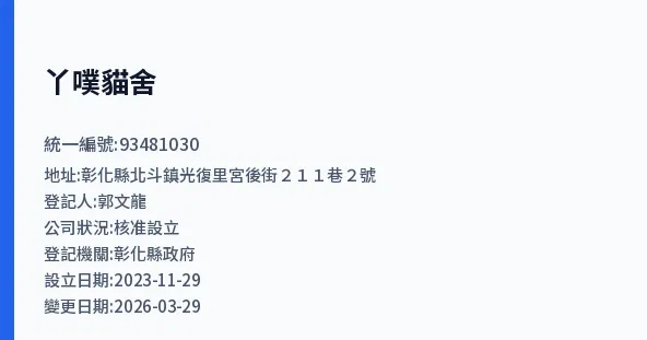 丫噗貓舍的照片-統編 93481030(彰化縣) 公司登記資料與營業項目詳細圖表